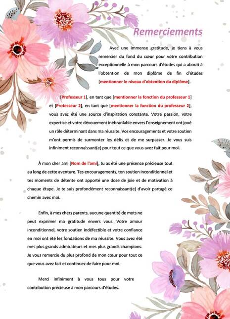 Modèle de remerciement pour le projet de fin d'études à télécharger ...